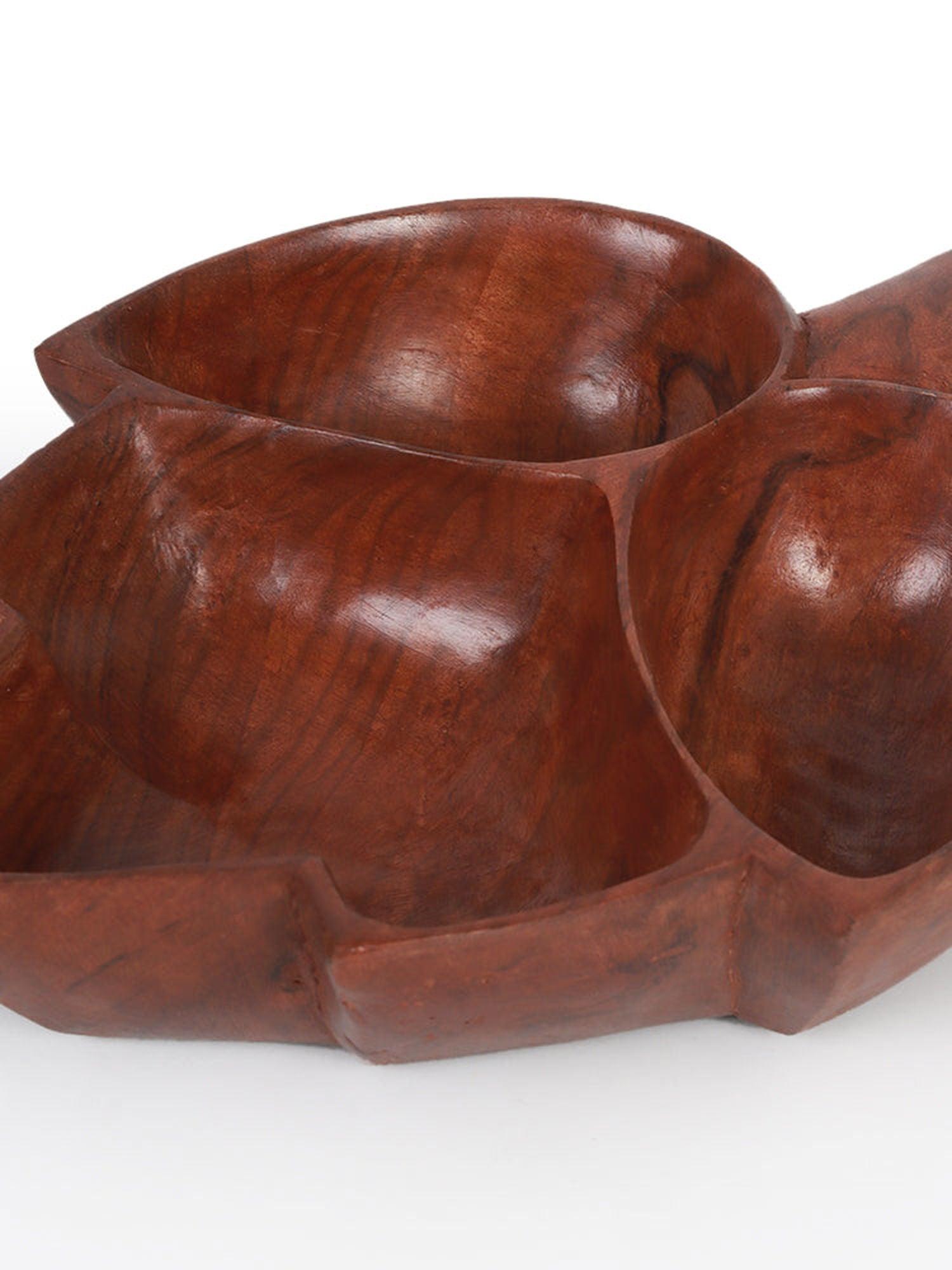 Chinar Leaf-Shaped Kashmiri Walnut Wood Bowl – Tri-Compartment ...
