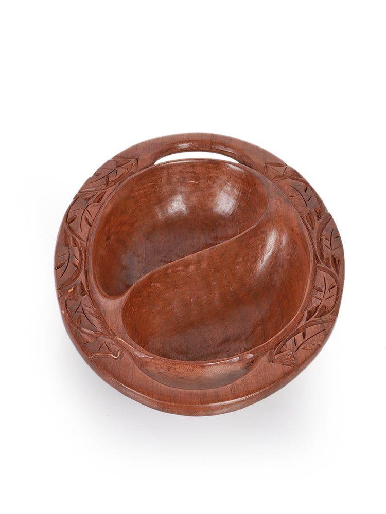 Dual-Compartment Walnut Wood Bowl | Chinar Leaf Design | Buy Online ...