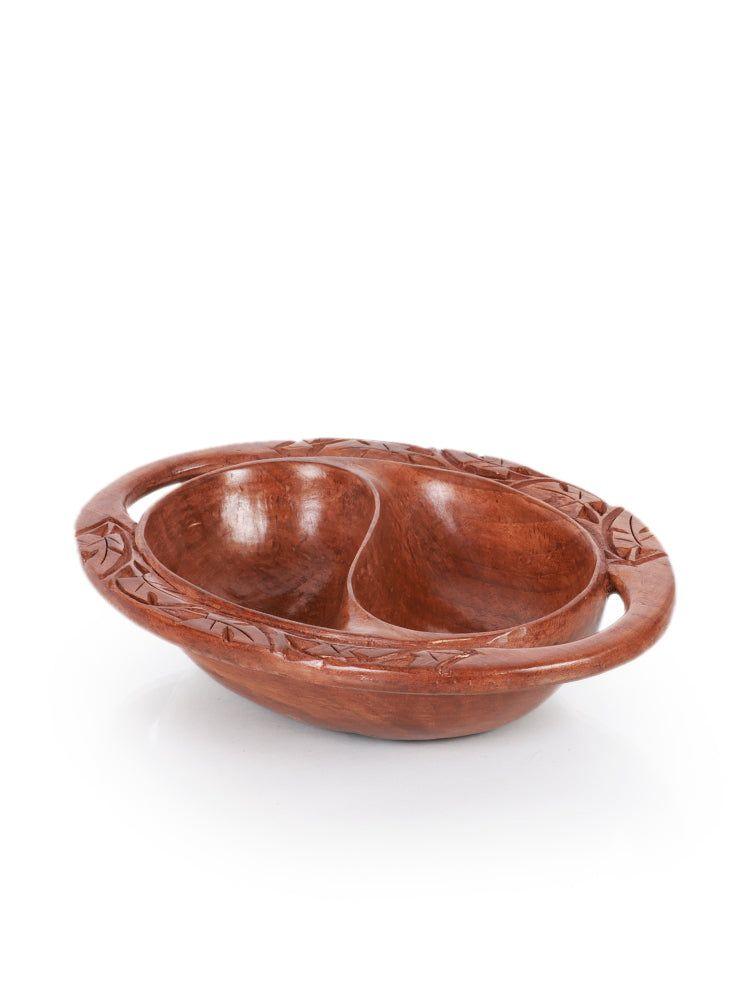 Dual-Compartment Walnut Wood Bowl | Chinar Leaf Design | Buy Online ...